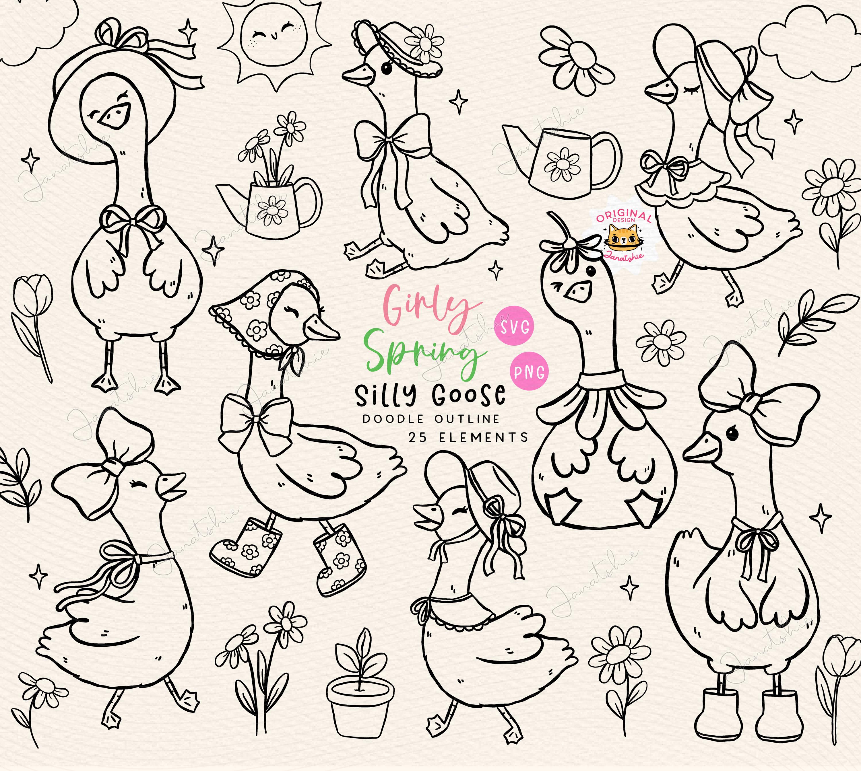 Vintage Silly Goose Outline Clipart: Cottagecore Coquette PNG SVG ...