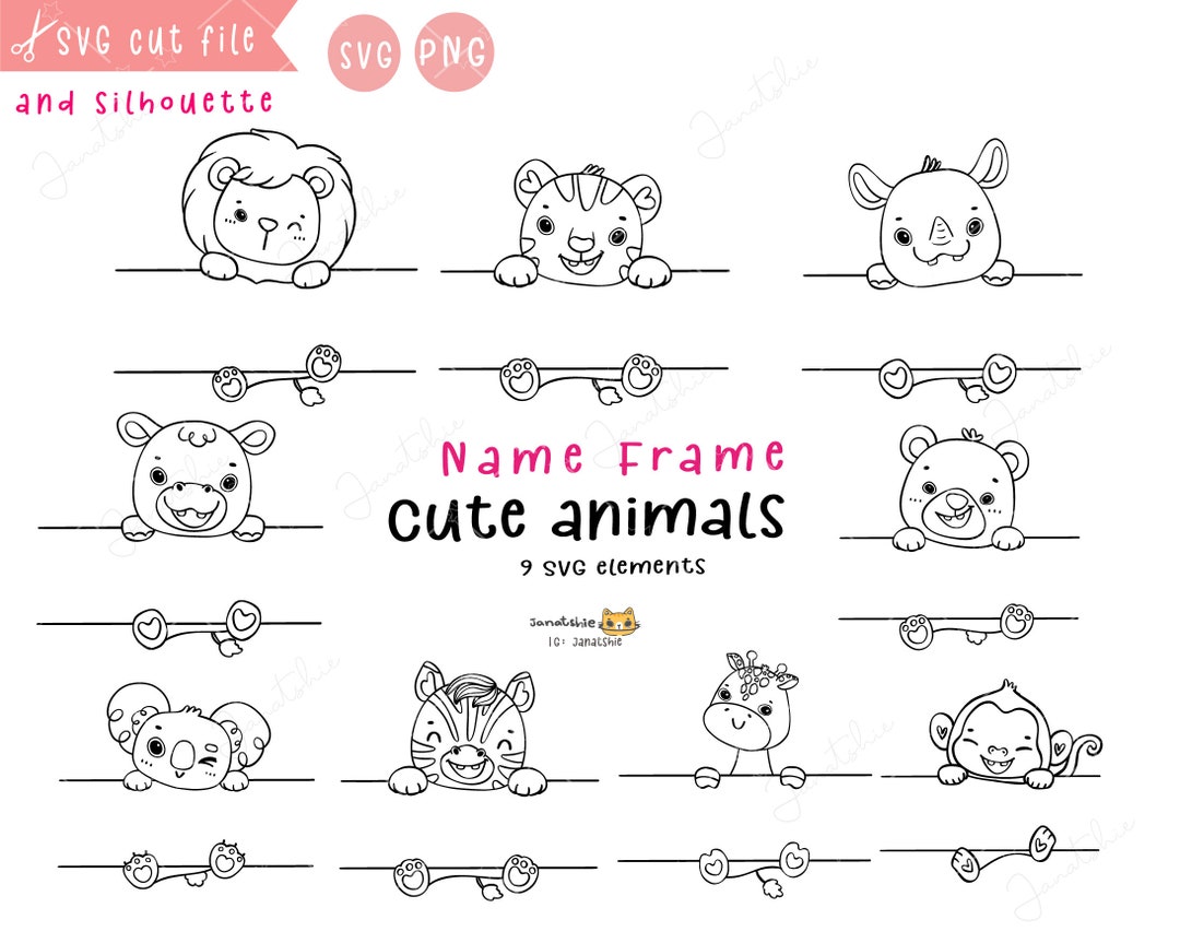 School Animals Monogram SVG Cute Animals Name Frame Outline SVG Set ...