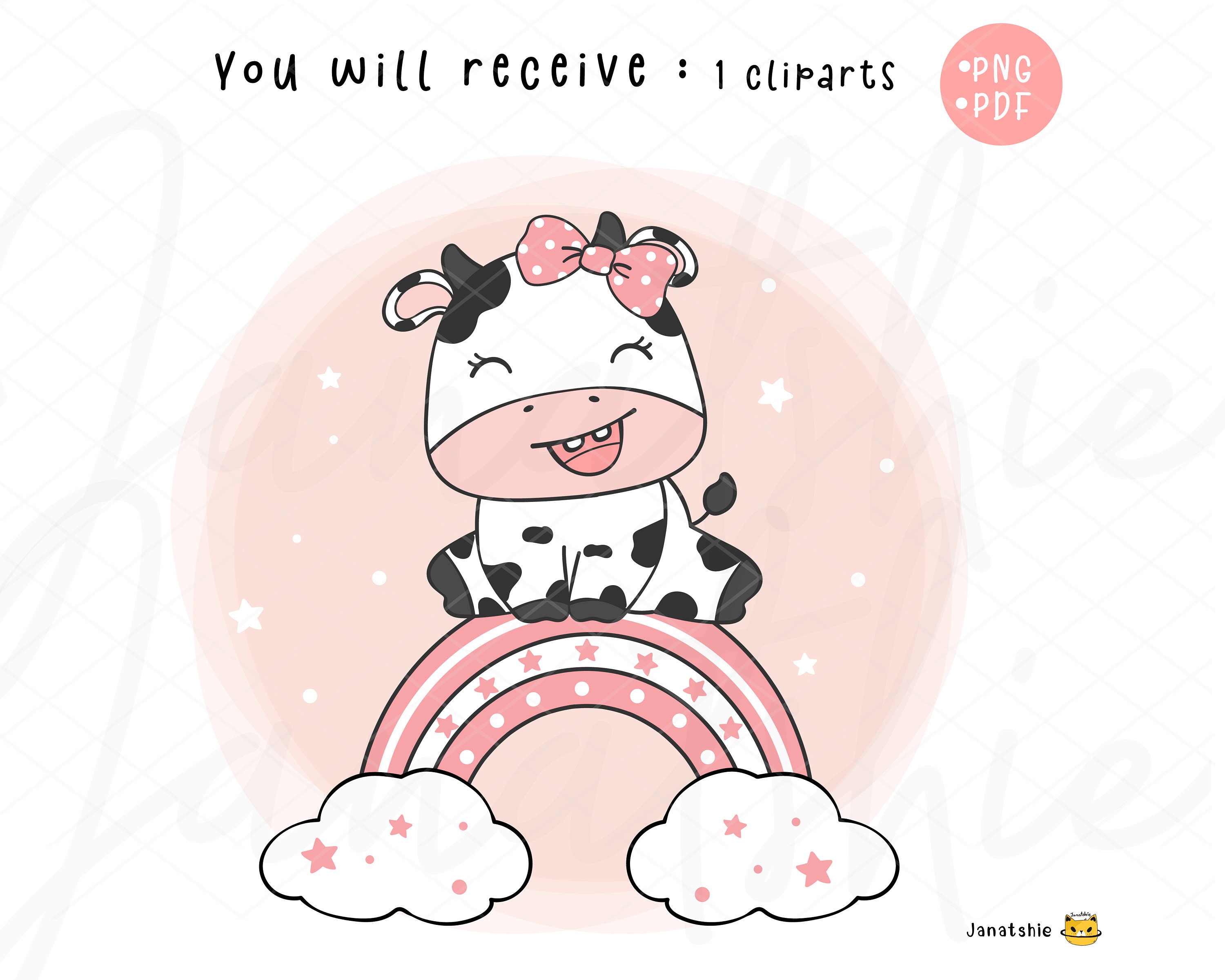 Cow Birthday PNG - Cute Baby Cow Girl on Pink Rainbow - Baby Shower ...
