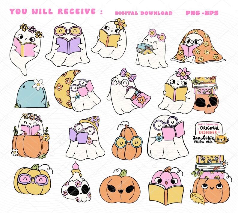 Pastel Ghost Reading Clipart: Bookish Halloween Doodle (PNG, EPS) - Etsy