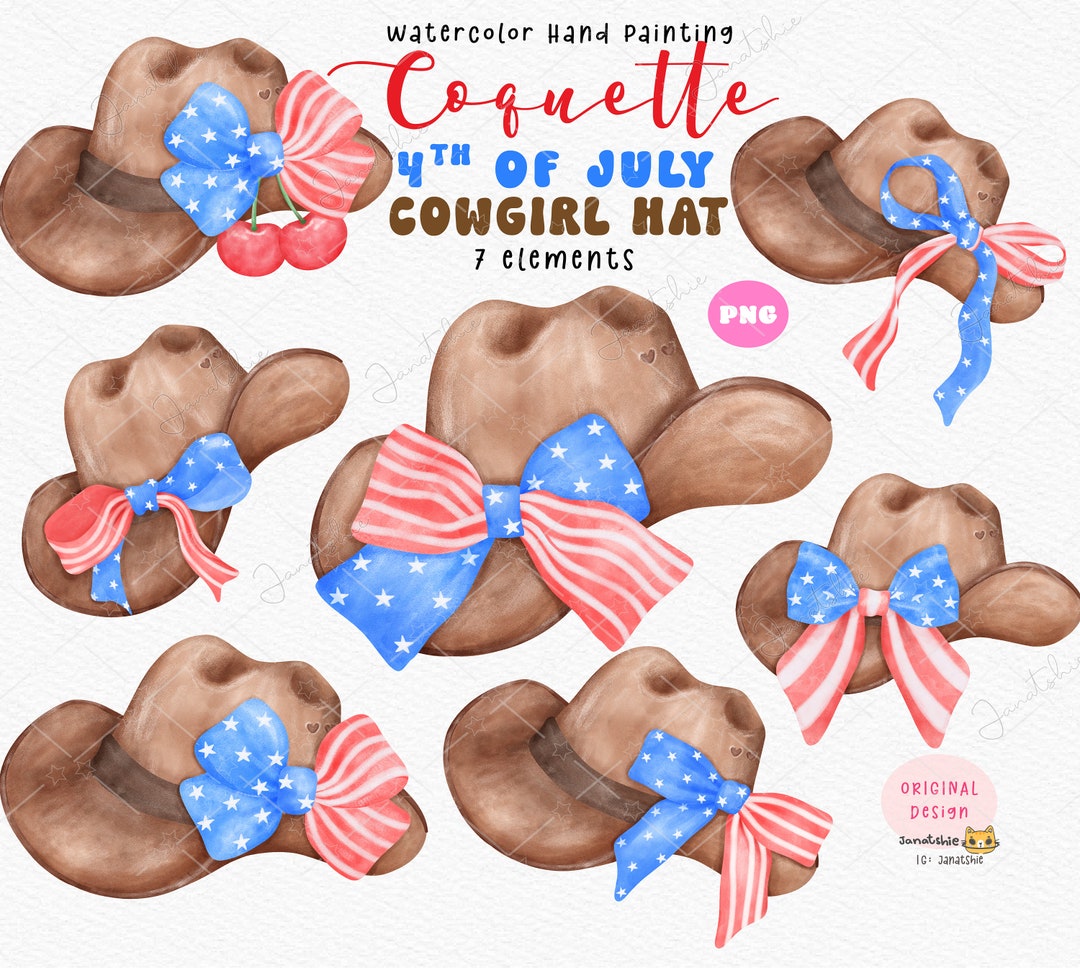 Coquette 4th of July Cowgirl Hat Png, Watercolor Cowgirl, Hat With Bow ...