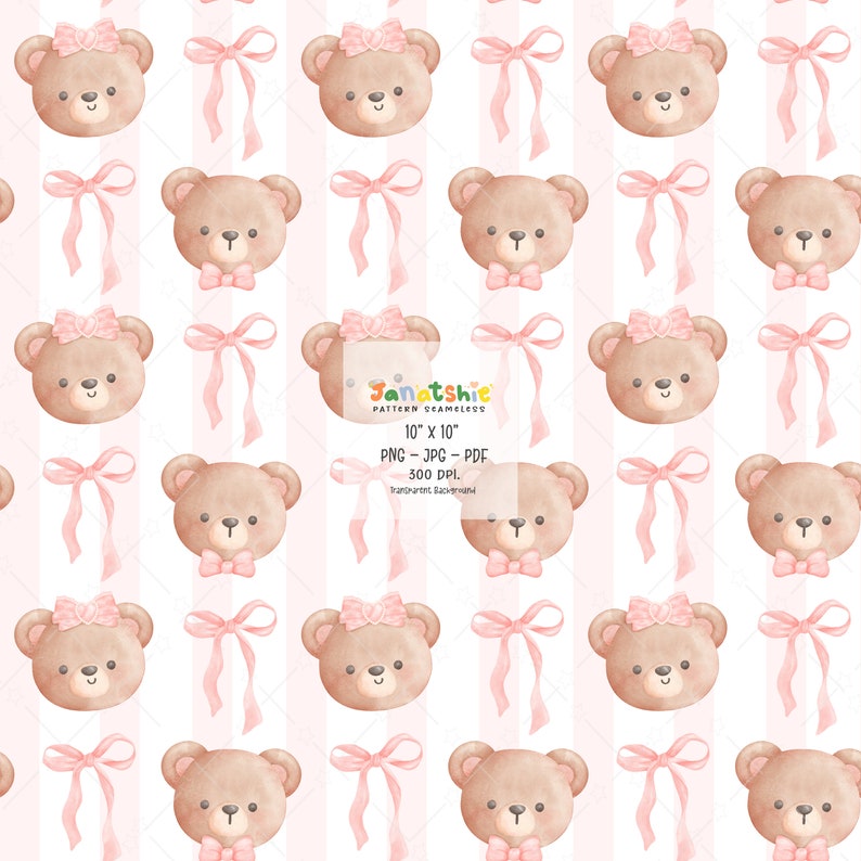 Coquette Teddy Bear Pattern Seamless, Vintage Teddy Bear With Bow ...