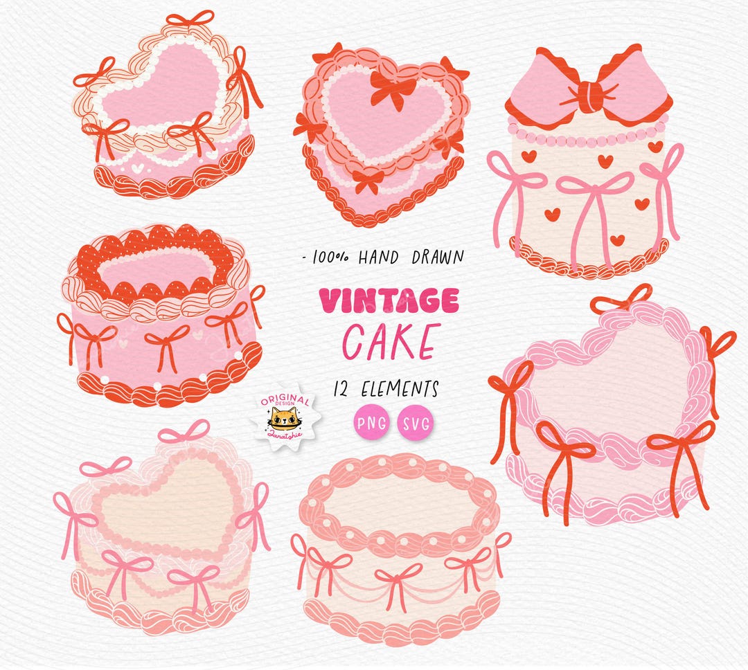 Vintage Heart Cake Clipart: Retro Valentine, Coquette Style (PNG, SVG ...