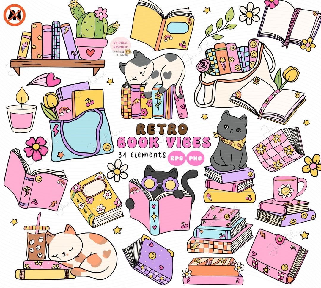 Retro Bookish Cat PNG Clipart: Groovy Book Lover Design (digital ...