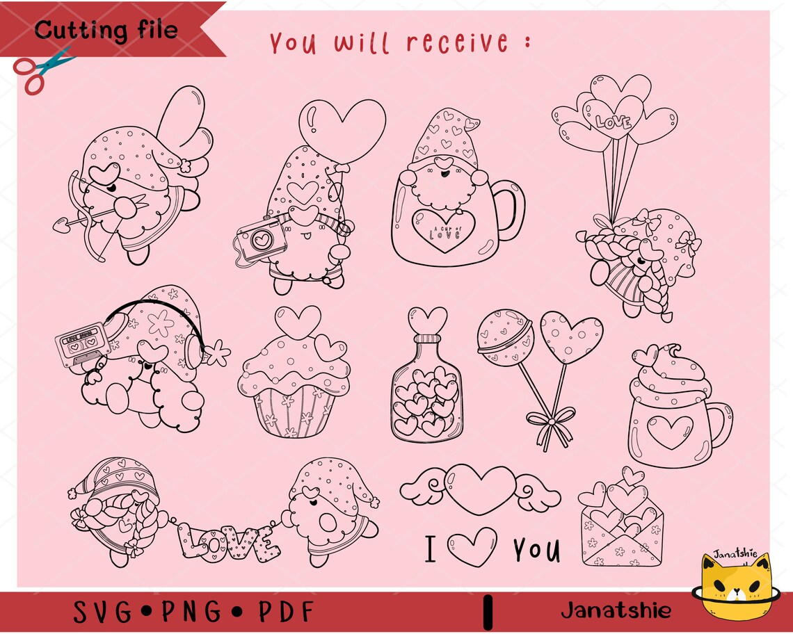 Valentine Gnome Clipart, Digital Stamp Gnome Outline Clip Art, Gnome ...