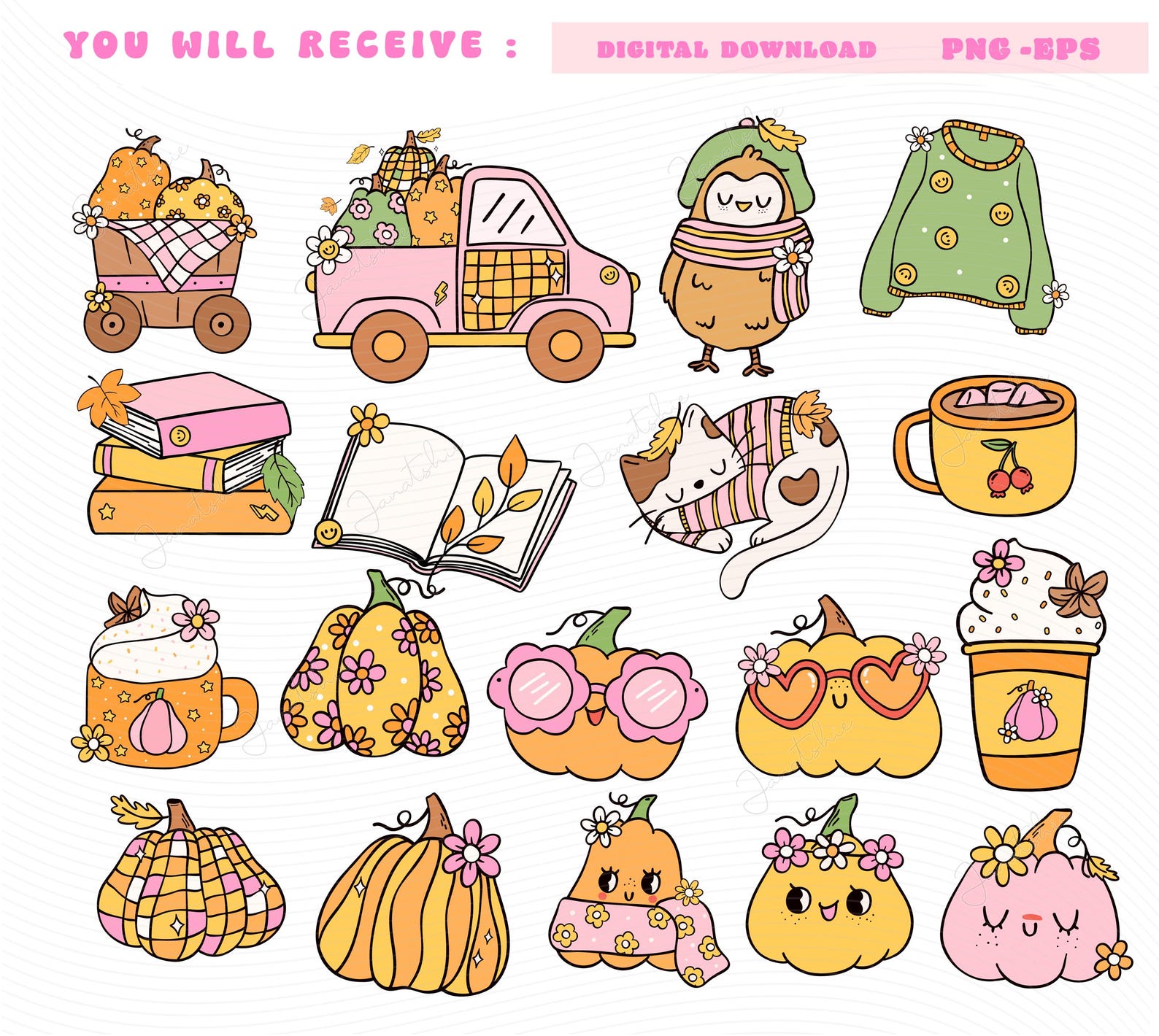 Retro Autumn PNG Clipart: Groovy Pumpkin Spice, Vintage Leaves (digital ...
