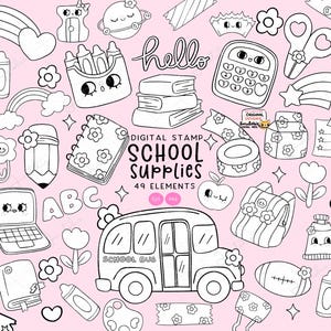 School Supplies Clipart Digital Stamp Png Set Retro Back to School ...