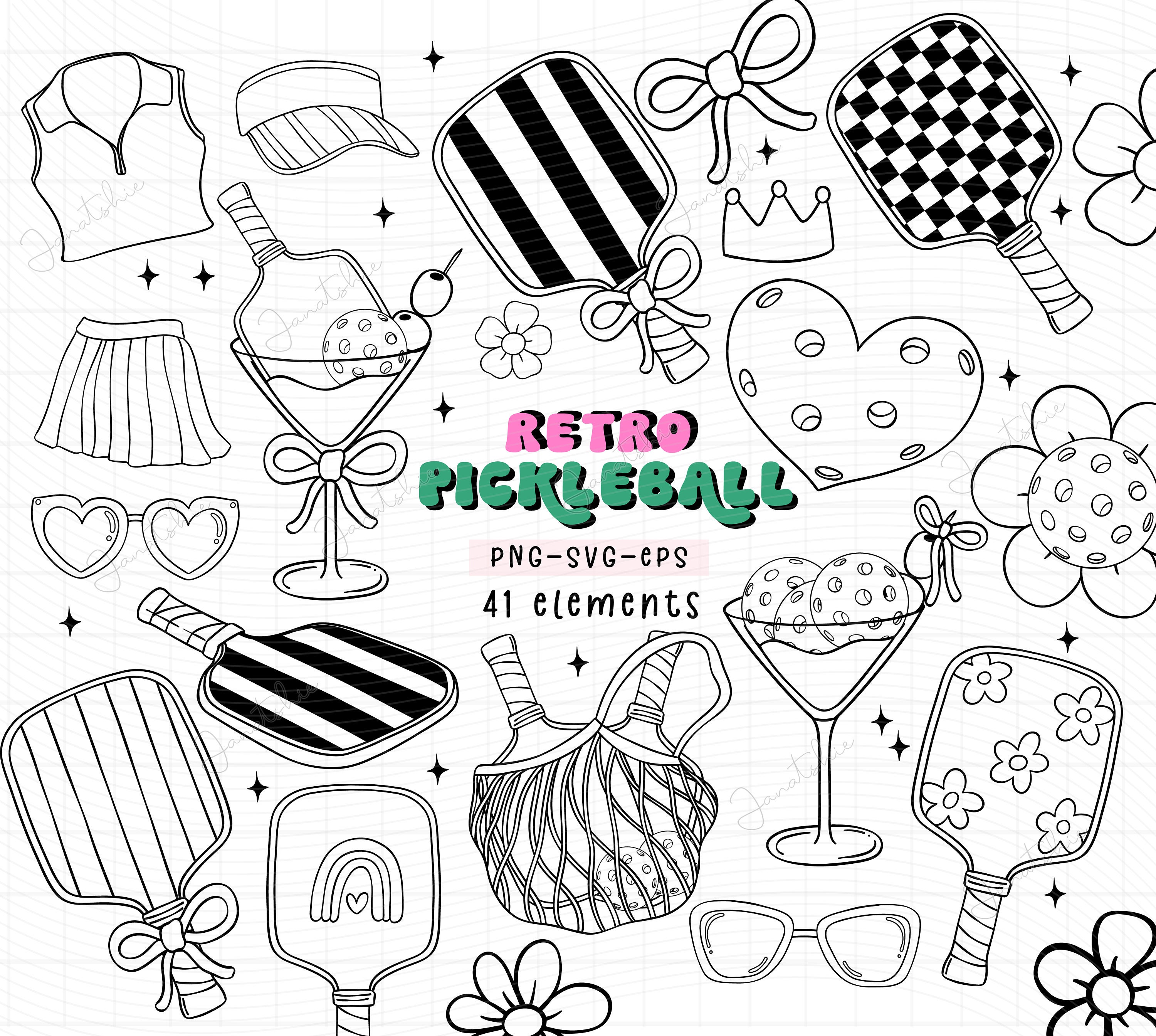 Retro Pickleball Outline SVG Clipart Set Trendy Pickleball Svg Girl ...