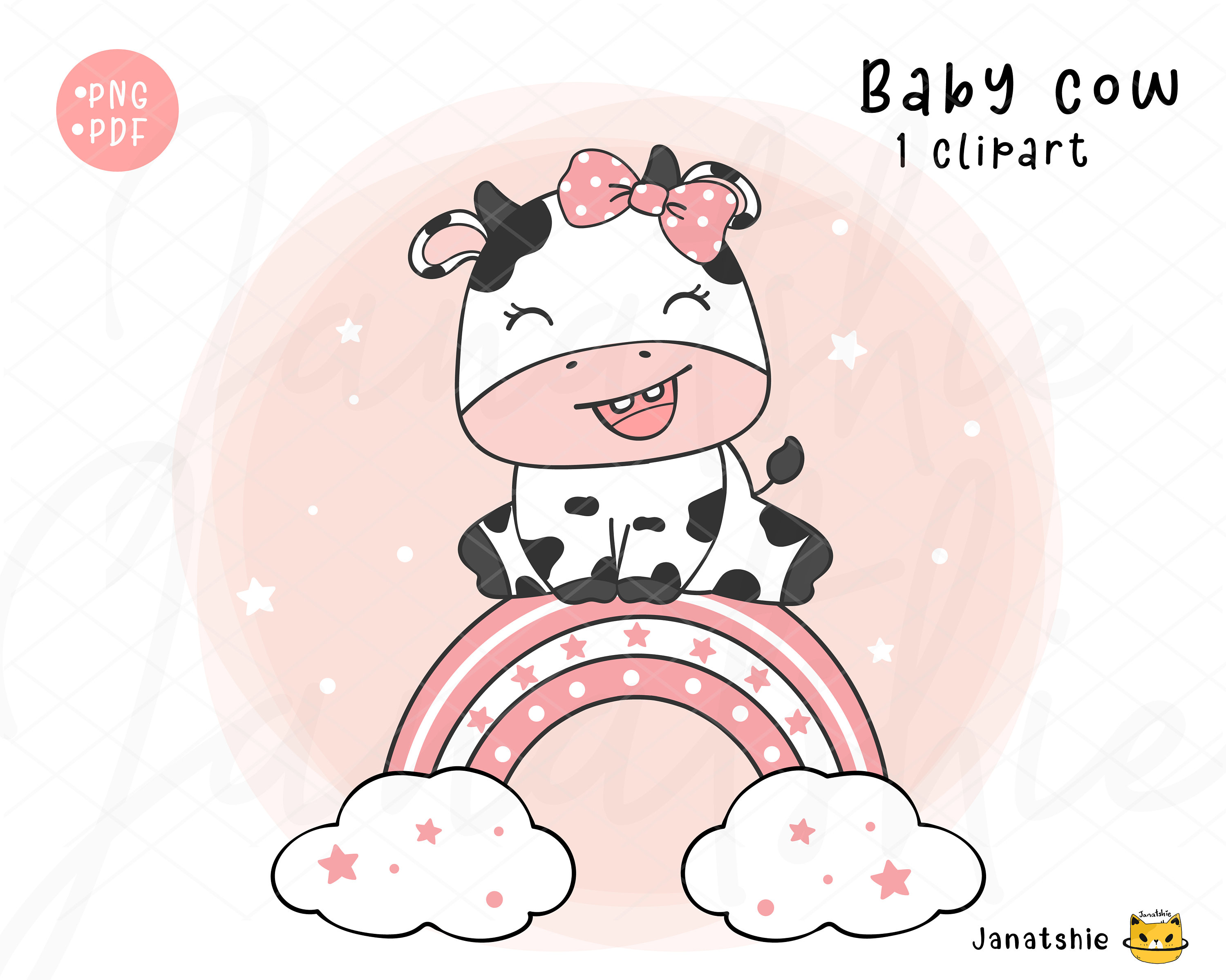 Cow Birthday PNG - Cute Baby Cow Girl on Pink Rainbow - Baby Shower ...