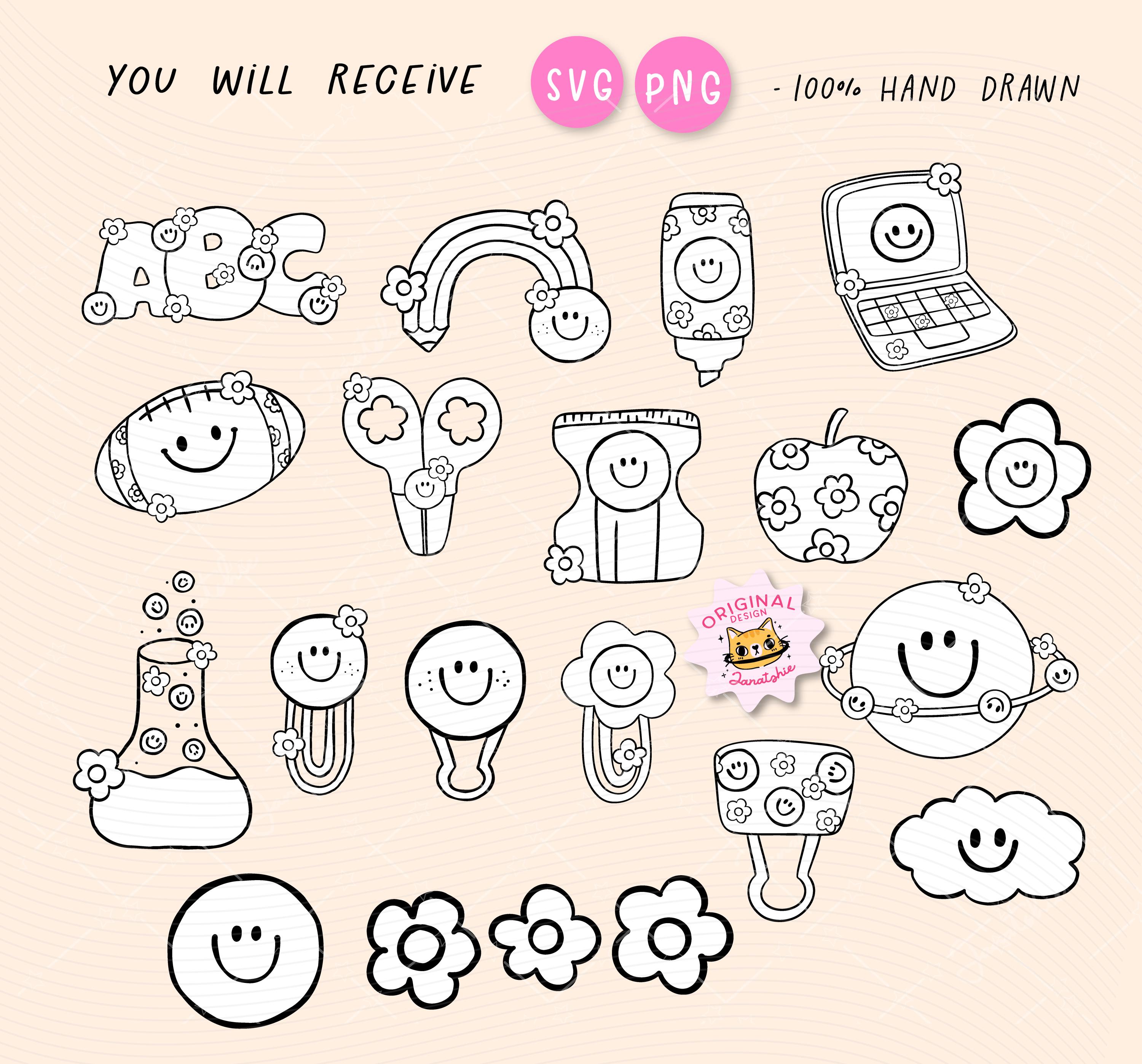 Groovy School Clipart: Retro Smile Face, School Bus, Books (SVG, PNG ...