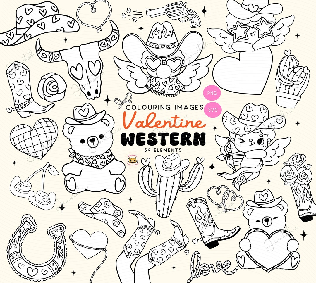 Retro Western Howdy Valentine Coloring Image Clipart Set Groovy Cowgirl ...