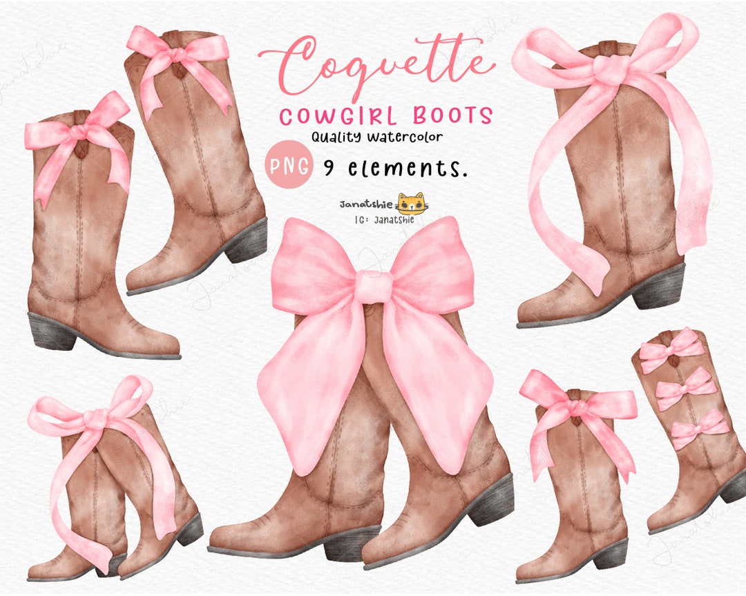Coquette Cowgirl Boots PNG Watercolor Clipart Set, Pink Cowgirl PNG ...