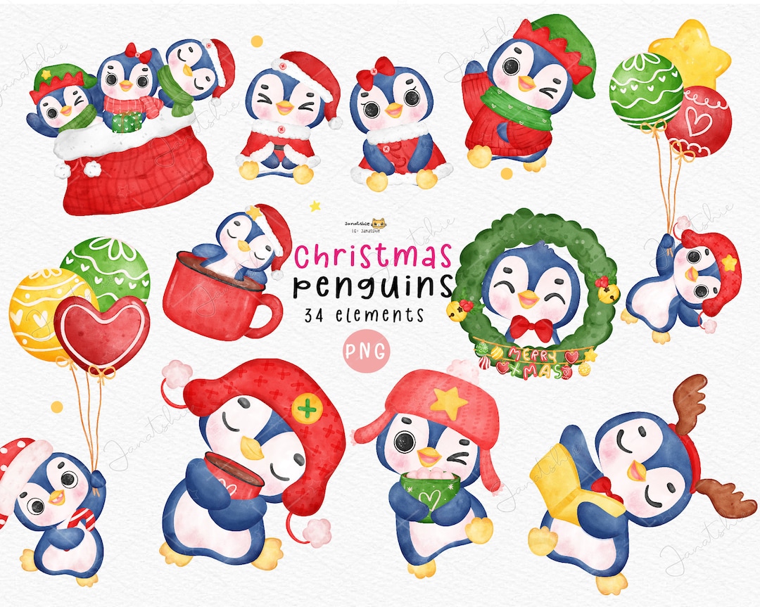 Christmas Penguin Clipart, Cute Penguin Watercolor Illustrations ...