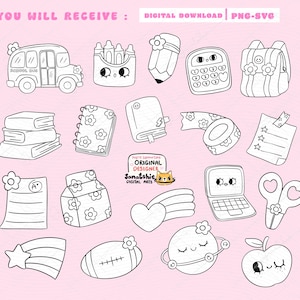 School Supplies Clipart Digital Stamp Png Set Retro Back to School ...