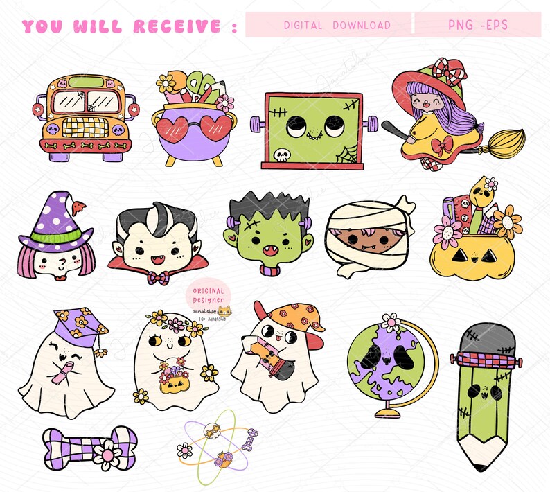 Groovy Halloween Clipart Bundle: Spooky School PNG Illustrations ...