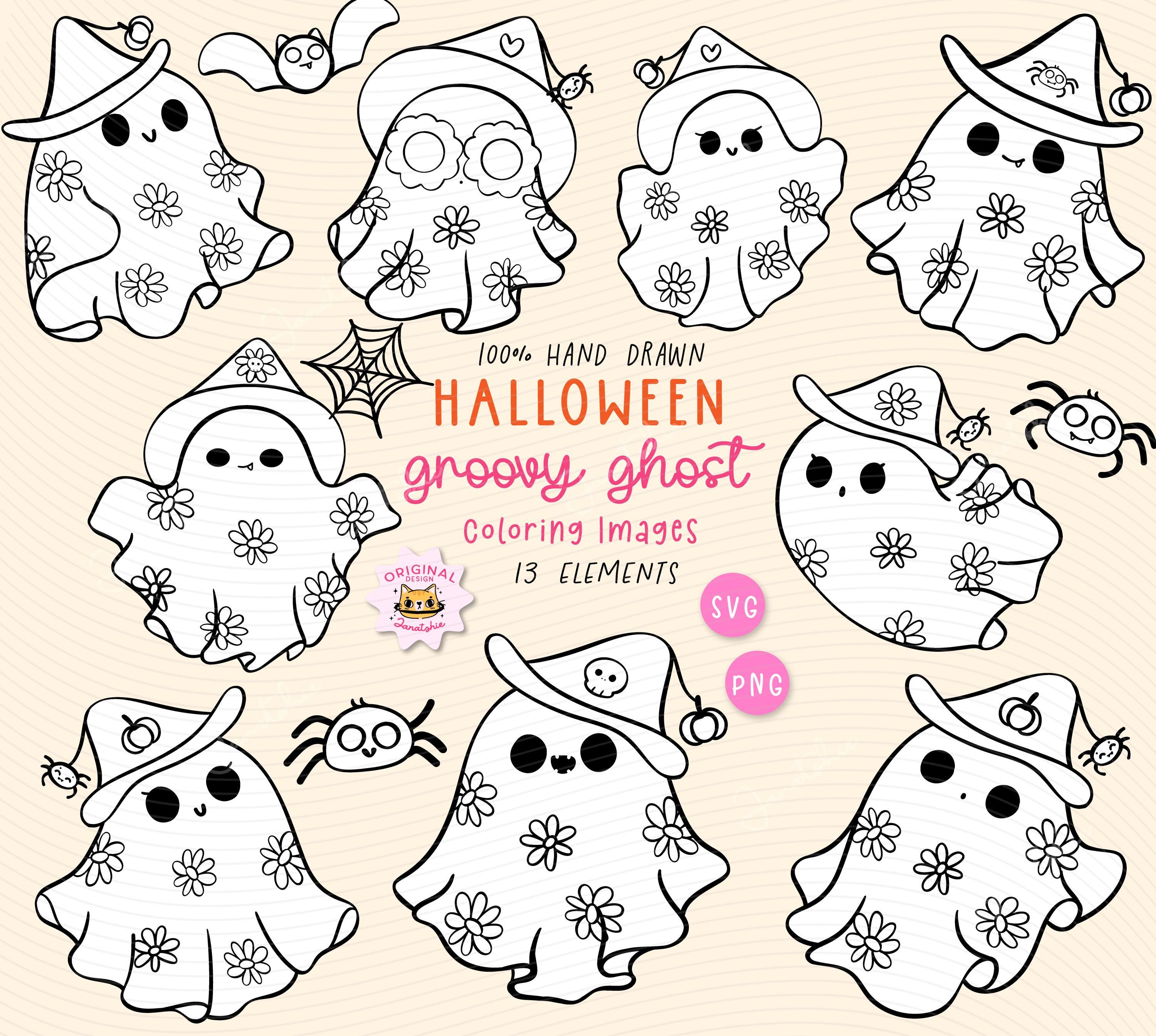 Retro Halloween Ghost Clipart Set: Groovy Kawaii Flower Doodles (SVG ...