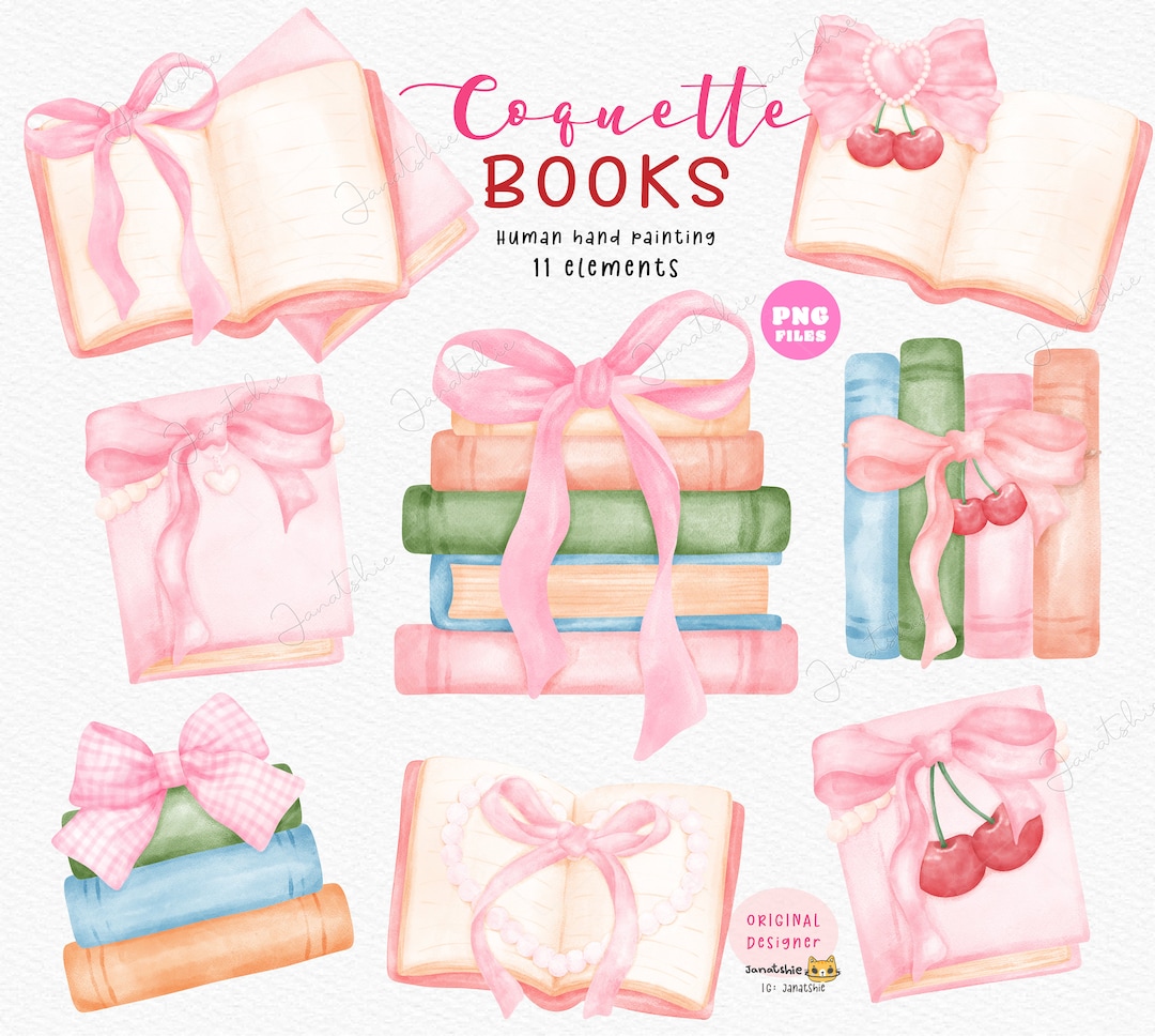 Pink Coquette Books Watercolor Clipart Set: Vintage Booklover PNG ...