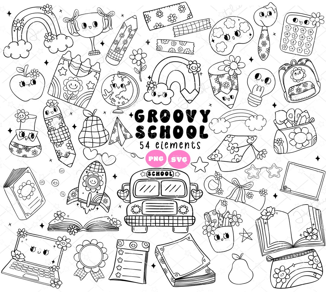 Groovy School Png Outline Retro Teacher Png Back to School Png Disco ...