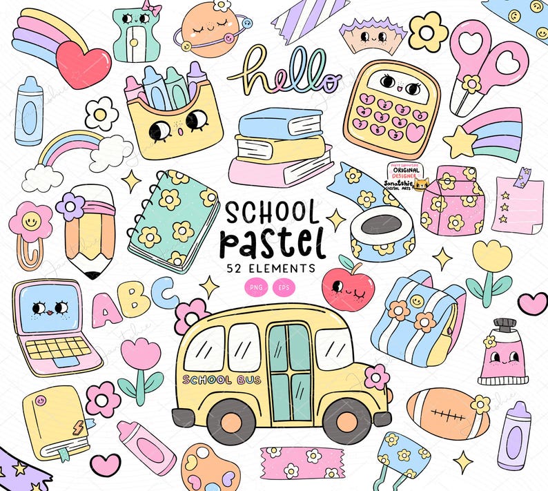 Pastel School Supplies Clipart Set : Groovy Back to School Education ...