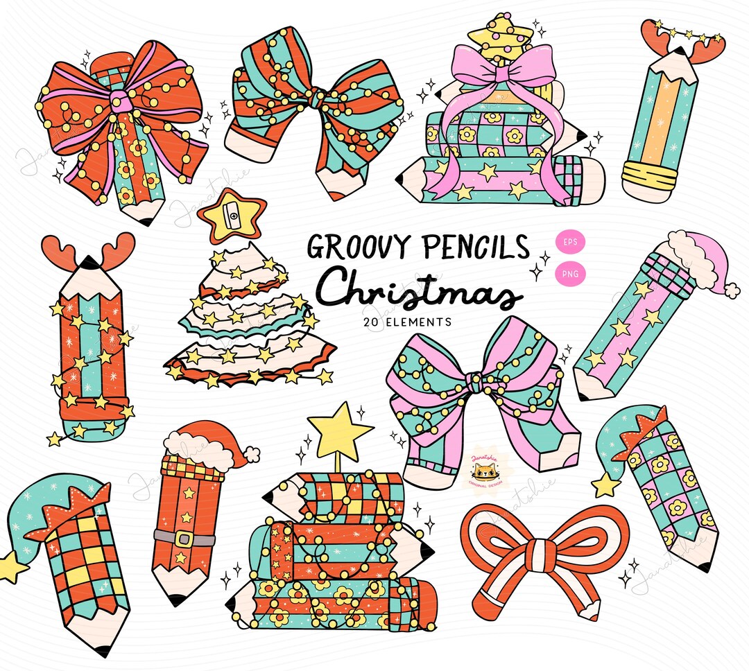 Groovy Christmas Pencil Tree Clipart Png Set Coquette Christmas Teacher ...