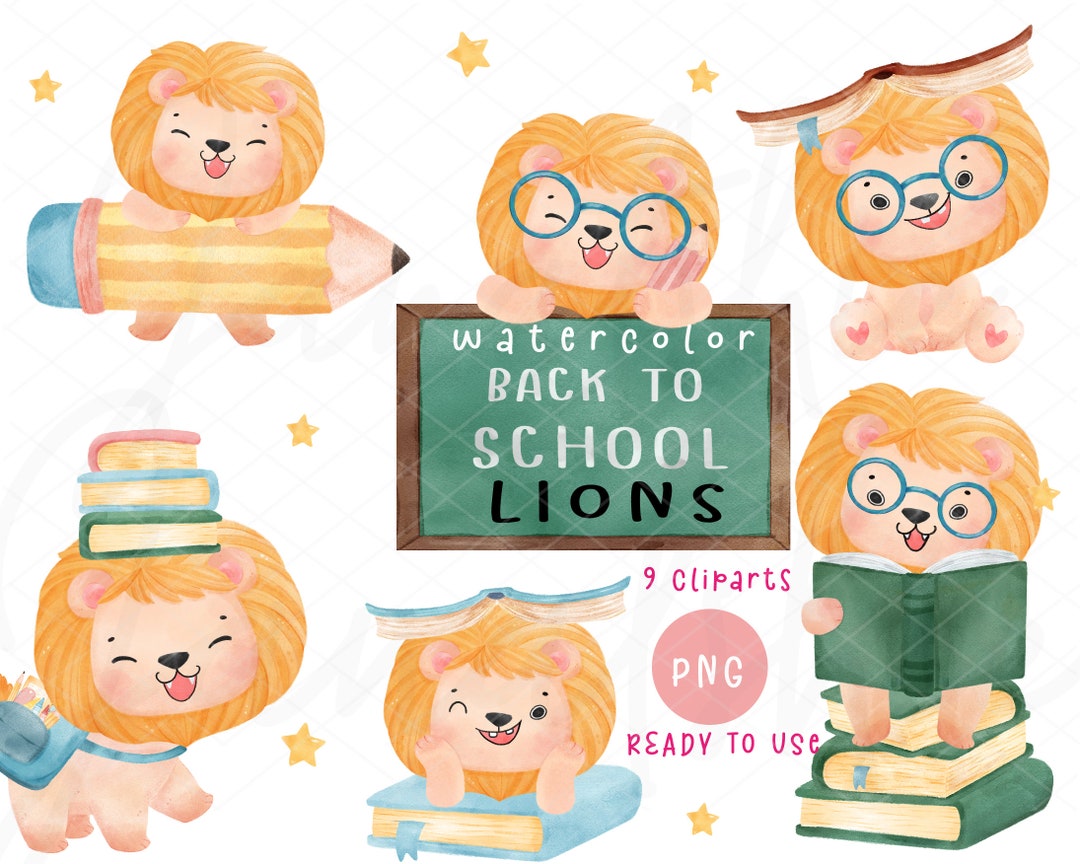 Watercolor Back to School Lion Clipart: Student Animal PNG Set - Etsy