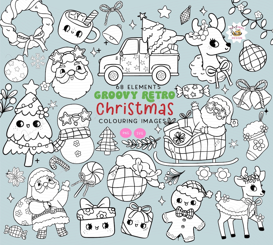 Retro Christmas Outline Clipart Set: Groovy Santa, Holiday Coloring ...