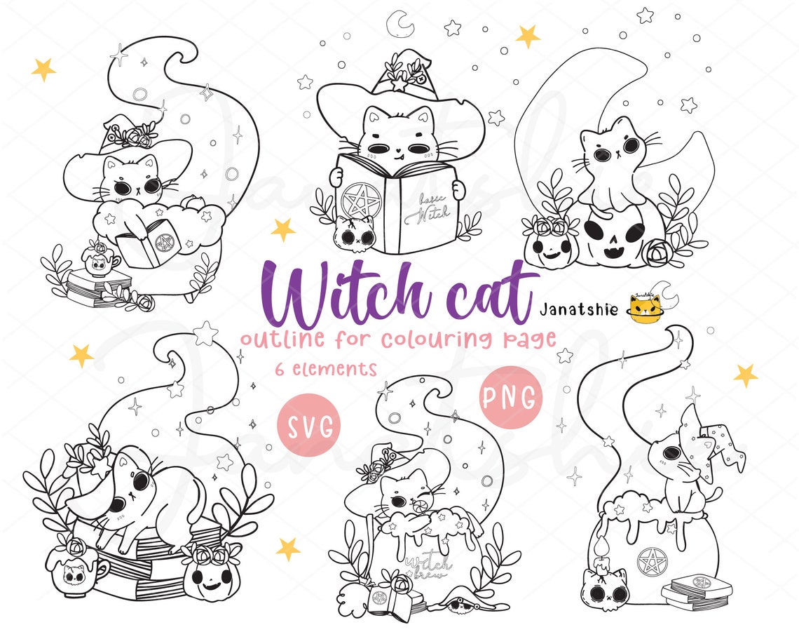 Halloween Cat Svg Witch Cat Outline SVG Clipart Set Kawaii - Etsy