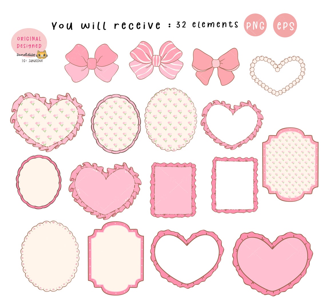 Pink Coquette Bow & Frame Clipart Set: Victorian Ribbon Doodles (PNG ...