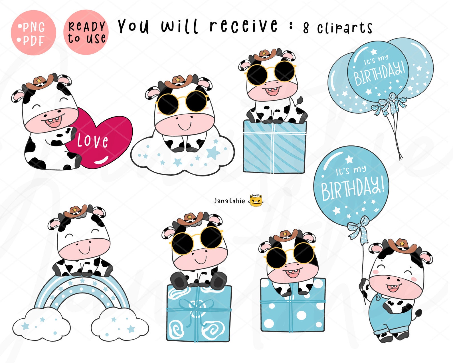 Cute Baby Cow Boy BIRTHDAY Cliparts Set , Baby Cow Birthday Png, Baby ...