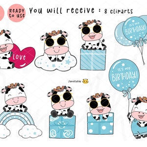 Cute Baby Cow Boy BIRTHDAY Cliparts Set , Baby Cow Birthday Png, Baby ...
