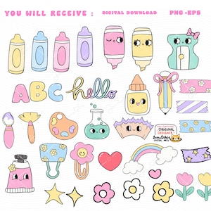 Pastel School Supplies Clipart Set : Groovy Back to School Education ...