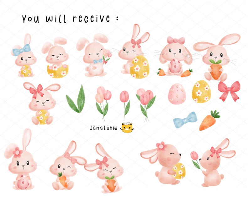 Cute Easter Bunny Watercolor Clipart Set, Cute Baby Pink Rabbit ...