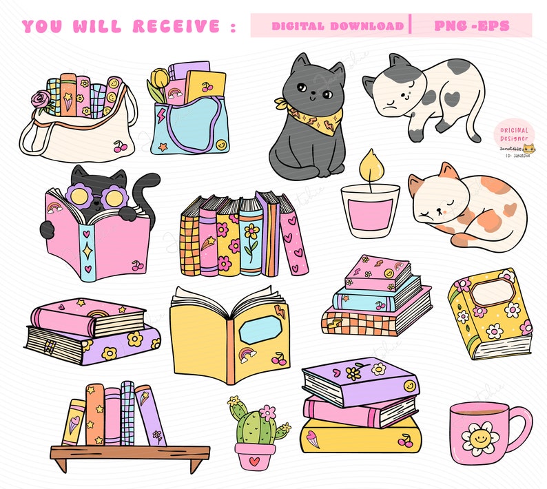 Retro Bookish Cat PNG Clipart: Groovy Book Lover Design (digital ...