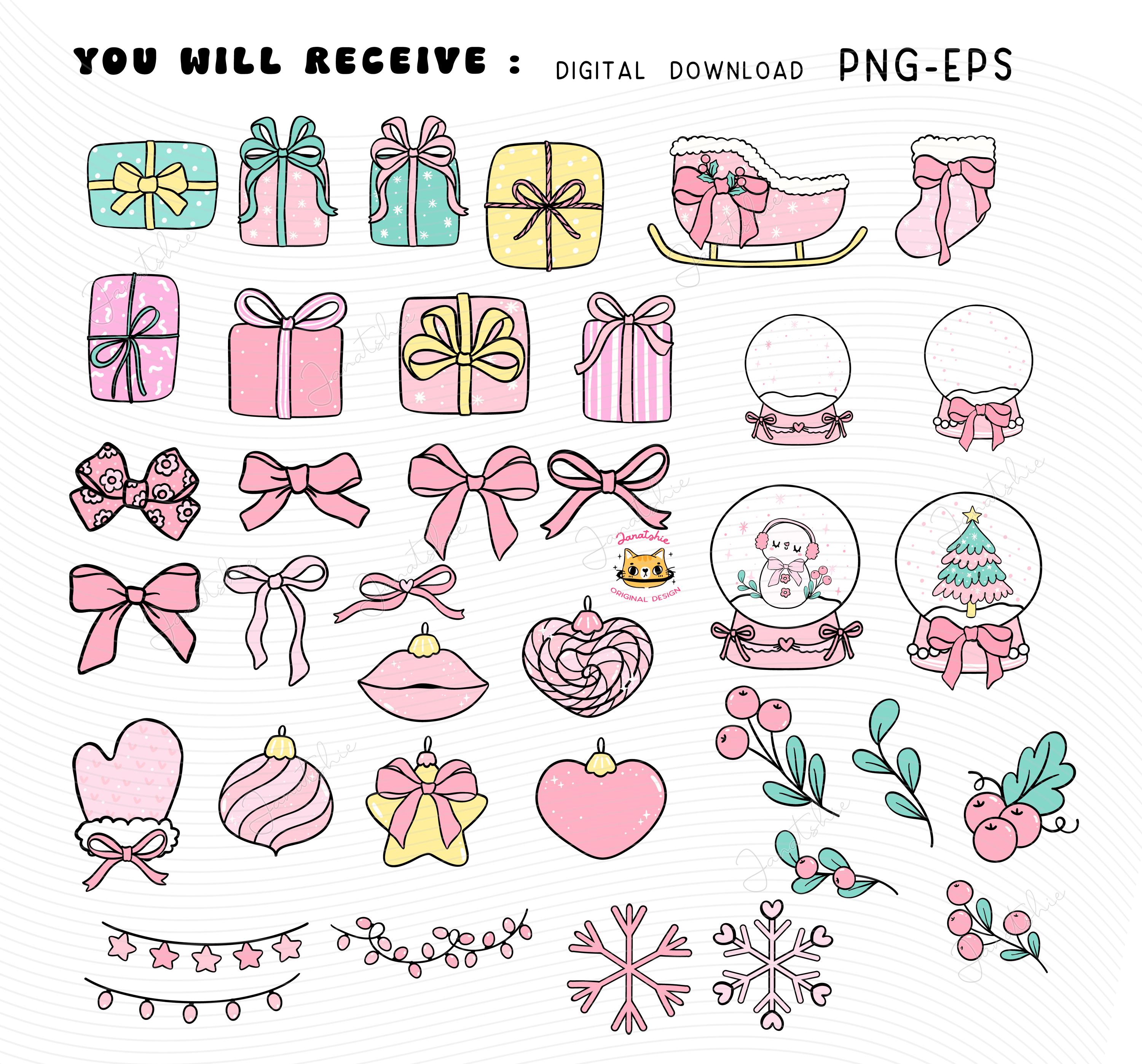 Pastel Coquette Christmas Clipart: Retro Girly Pink and Mint Xmas PNG ...