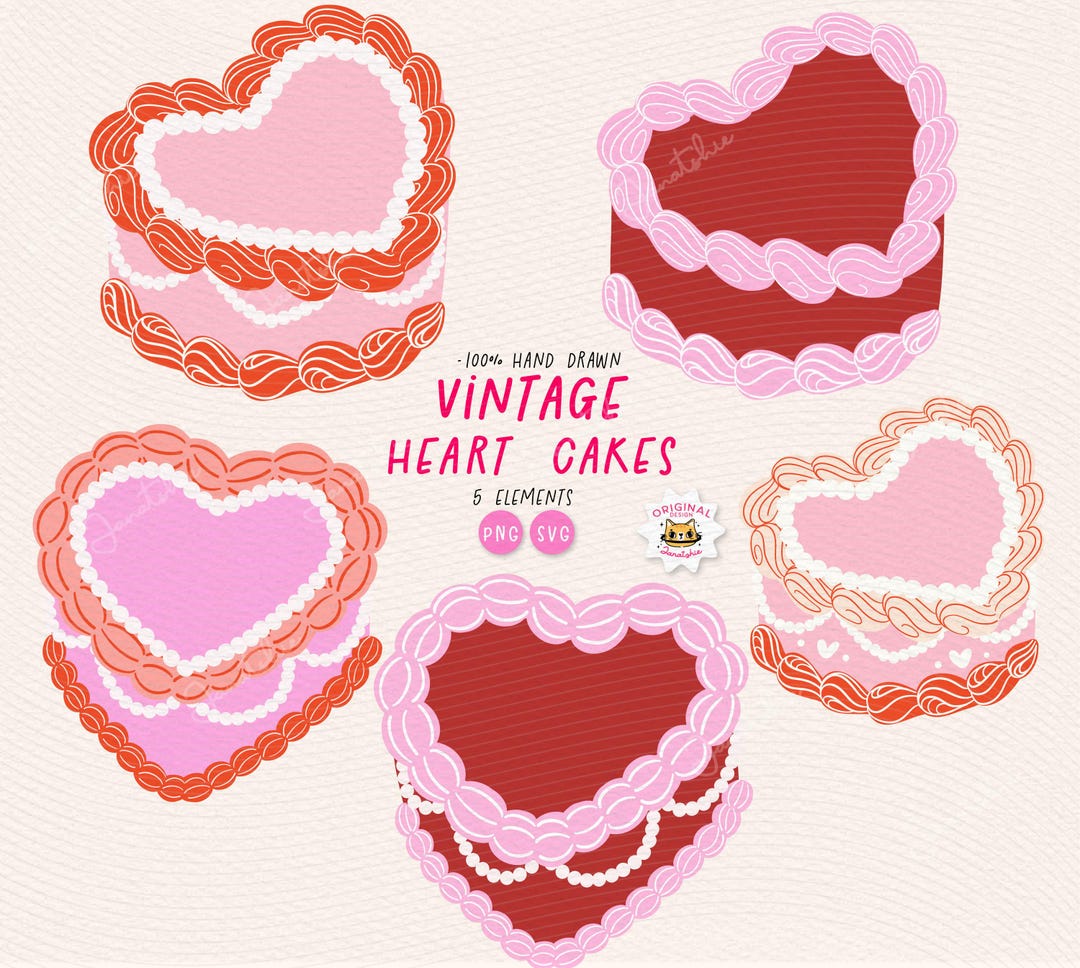 Vintage Heart Cake Clipart: Retro Valentine PNG SVG (digital Download ...