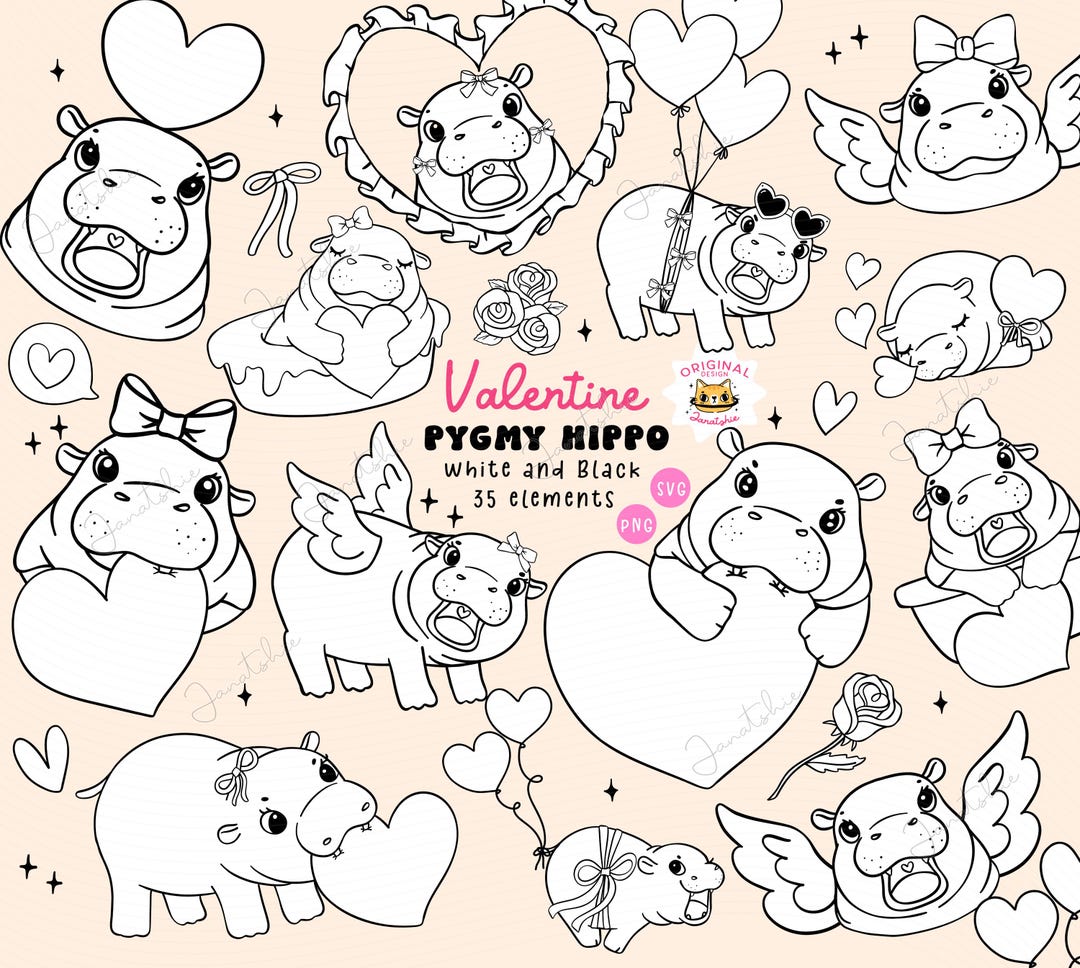 Valentine Pygmy Hippo Coloring Image: Black and White Doodle (SVG, PNG ...