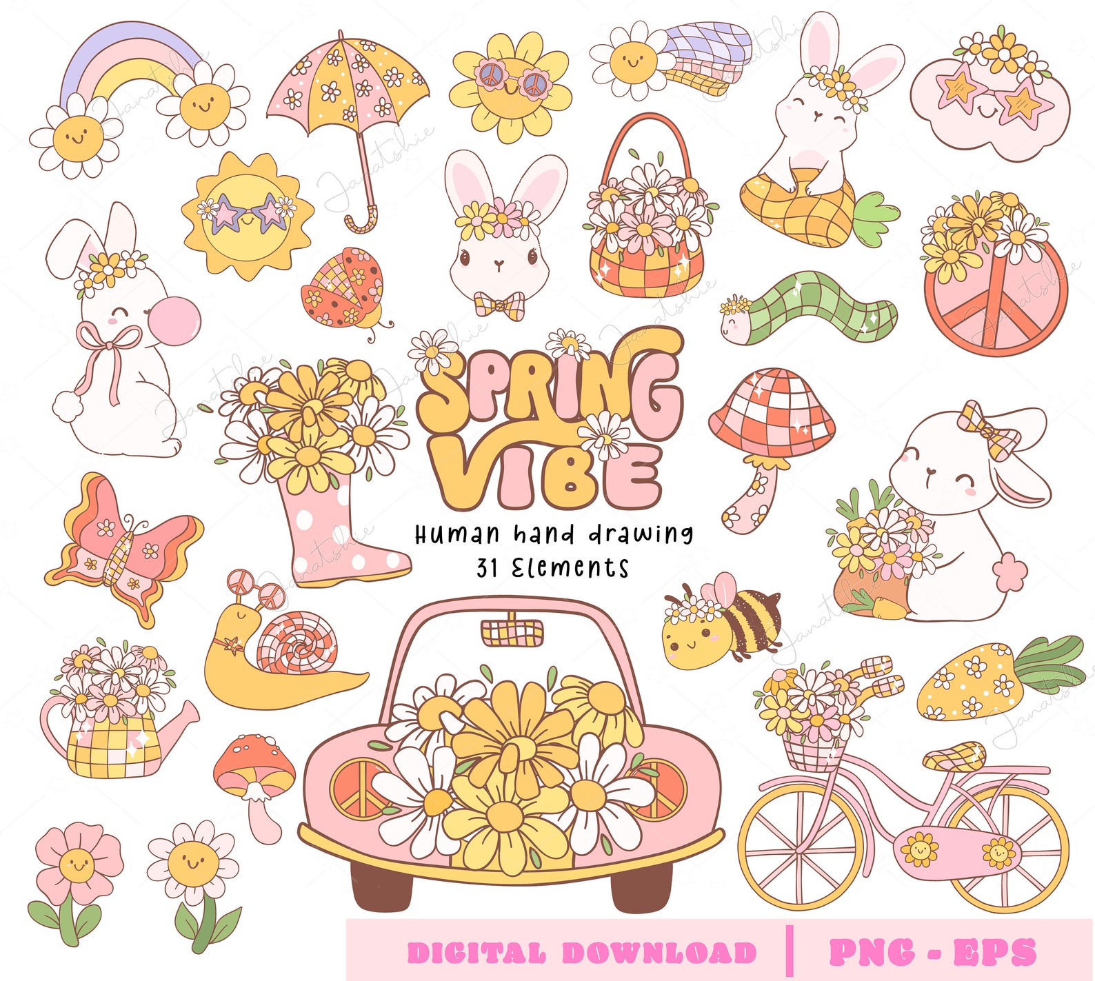 Retro Spring Png Groovy Flower Power Clipart Disco Bunny Easter Hippie ...