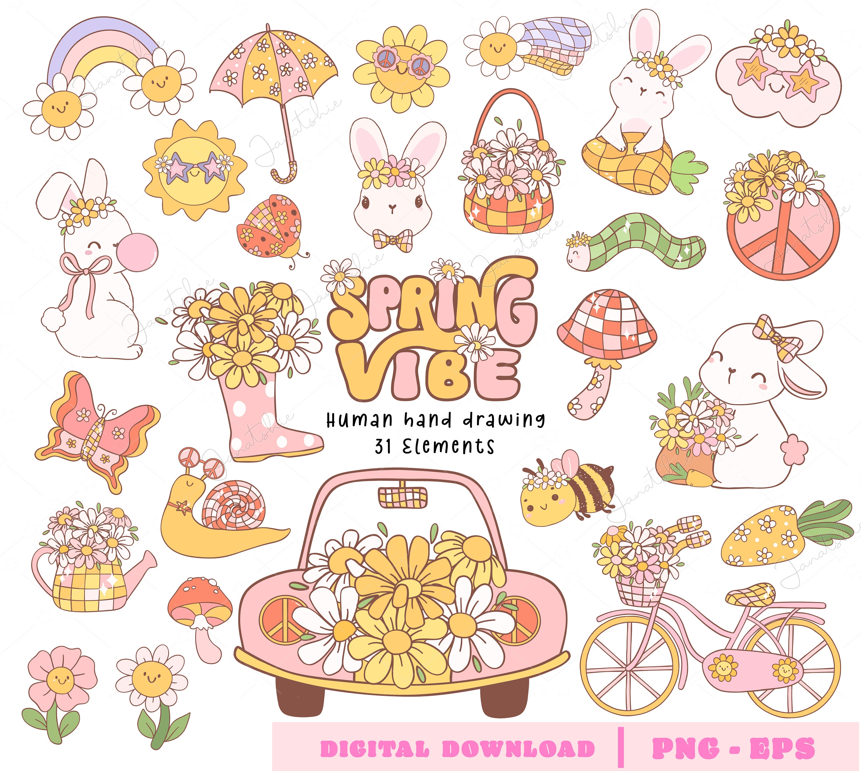 Retro Spring Png Groovy Flower Power Clipart Disco Bunny Easter Hippie ...