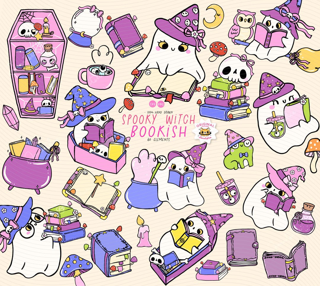 Spooky Witch Ghost Bookish Clipart SVG PNG | Cute Halloween Ghost ...