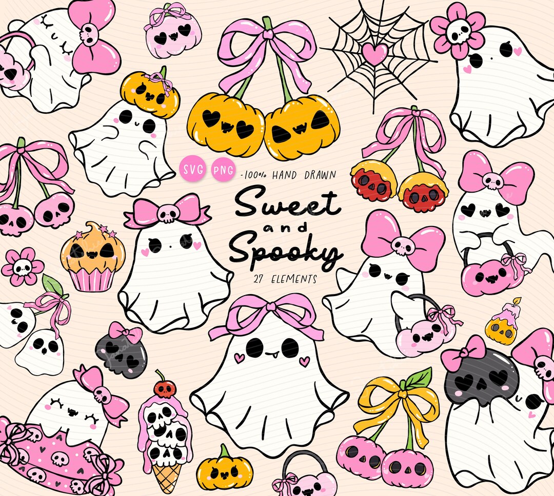 Coquette Halloween Ghost Girl Clipart Set: Sweet & Spooky Pink Pumpkin ...