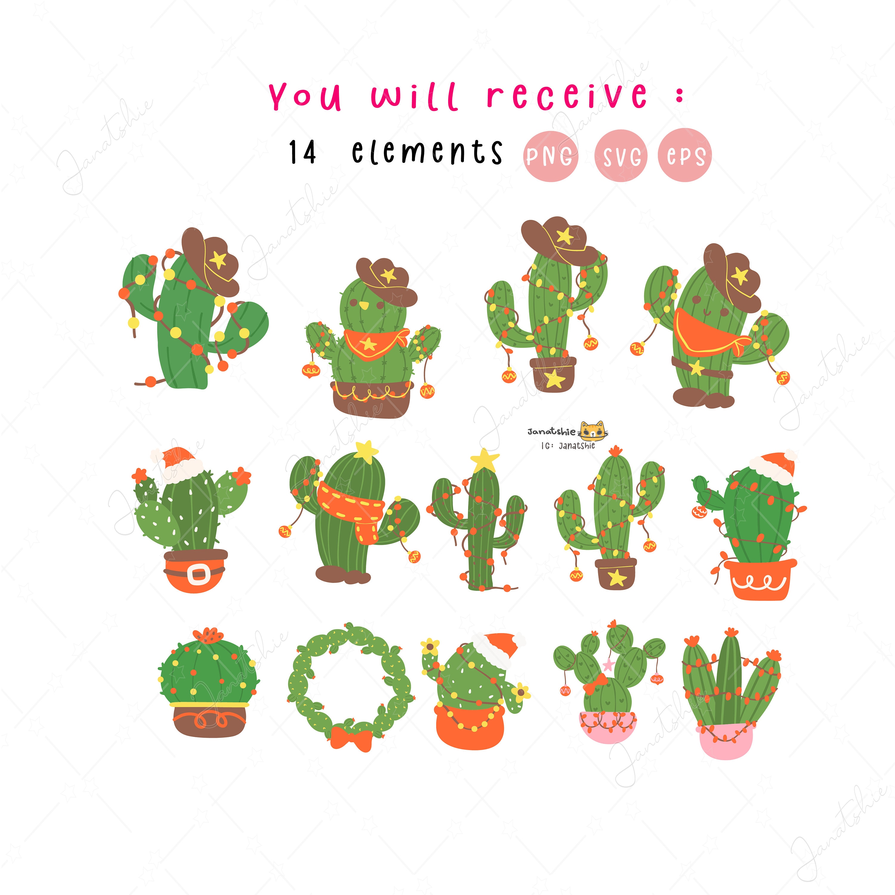 Christmas Cactus SVG Clipart Set in Kawaii Cowboy Style Png, Cute ...