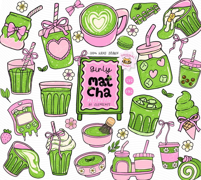 Coquette Girly Matcha Clipart PNG SVG Hand Drawn Clipart Set - Etsy