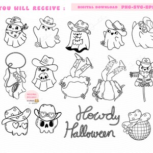 Groovy Cowboy Halloween Outline Retro Western Halloween Doodle Line ...