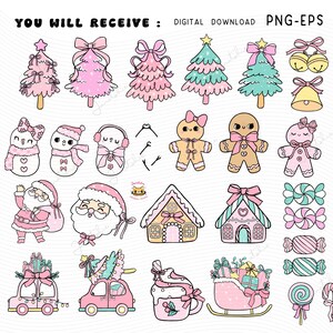 Pastel Coquette Christmas Clipart: Retro Girly Pink and Mint Xmas PNG ...