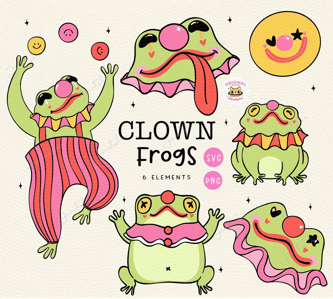 Rana payaso retro SVG, rana payaso PNG, clipart de línea en negrita de ...