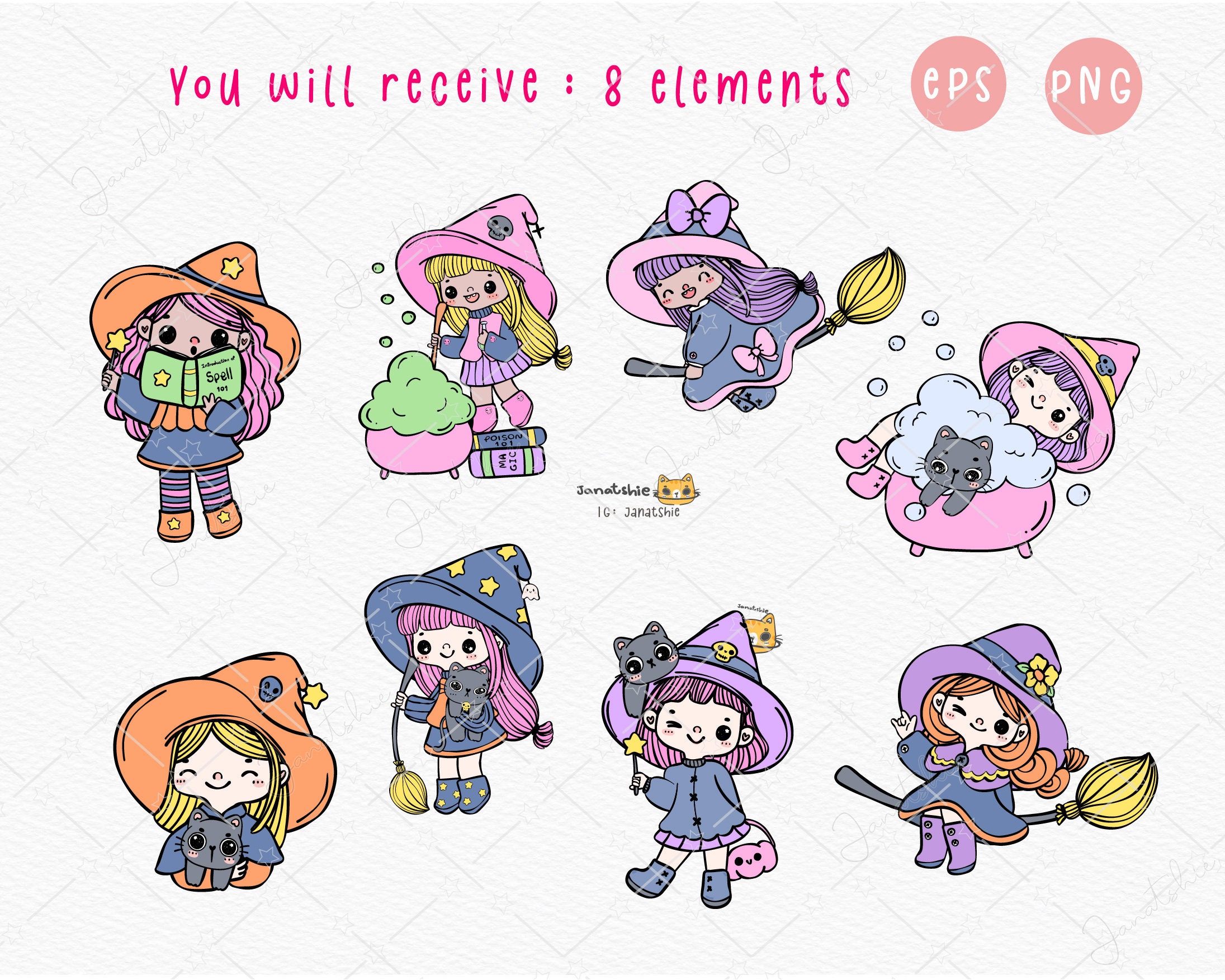 Kawaii Witch Cartoon Clipart | Hand Drawn Girl Halloween Doodles (PNG ...