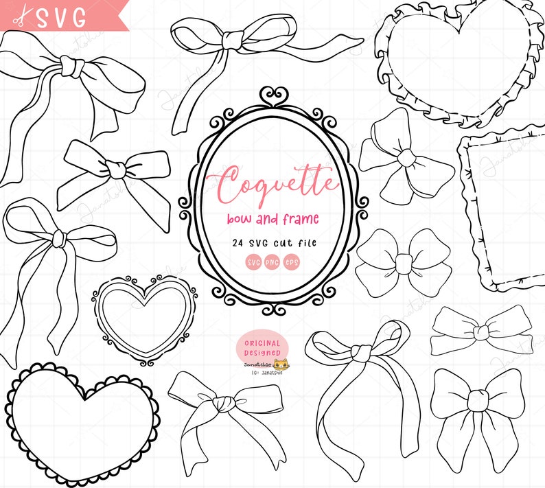 Coquette Bows SVG Ribbon Bow Frame Vintage Ribbon Outline Valentine ...