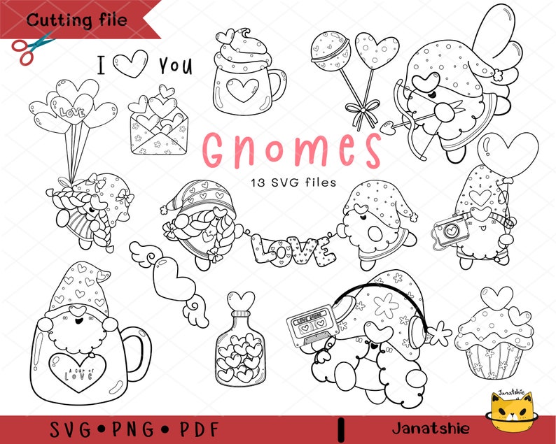 Valentine Gnome Clipart, Digital Stamp Gnome Outline Clip Art, Gnome ...