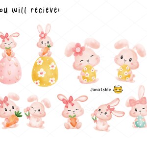 Cute Easter Bunny Watercolor Clipart Set, Cute Baby Pink Rabbit ...