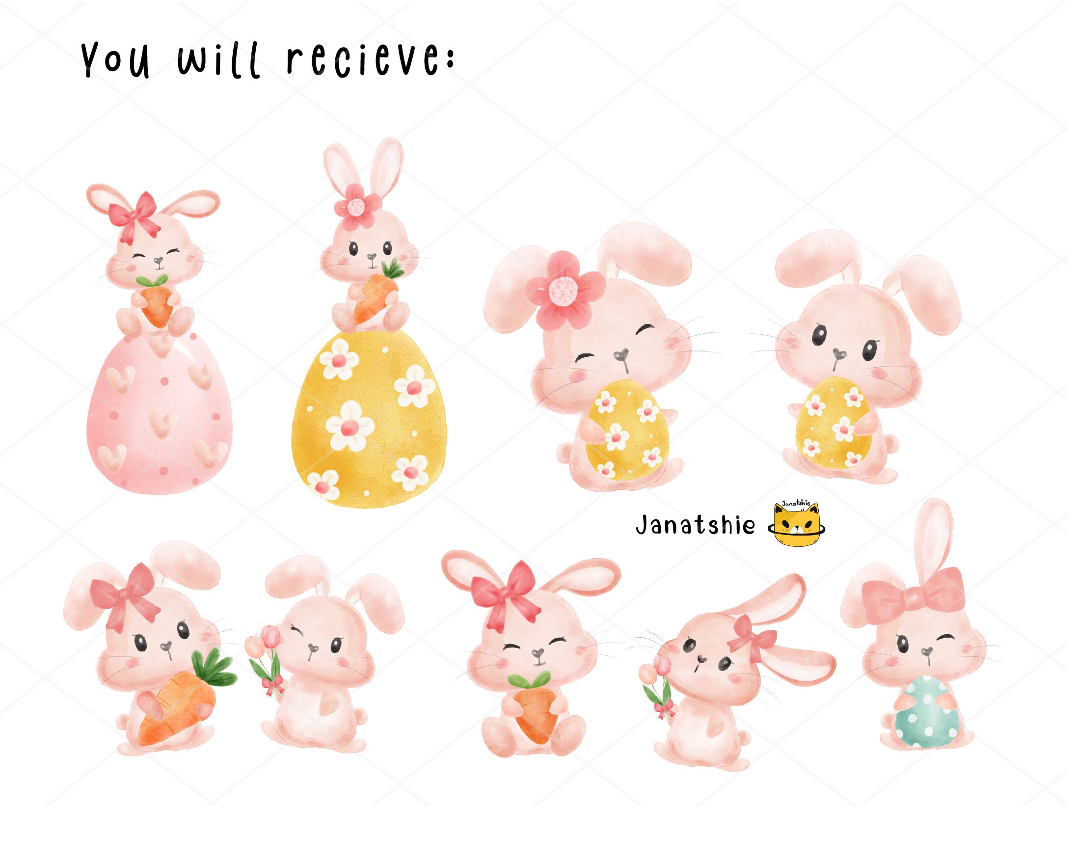 Cute Easter Bunny Watercolor Clipart Set, Cute Baby Pink Rabbit ...